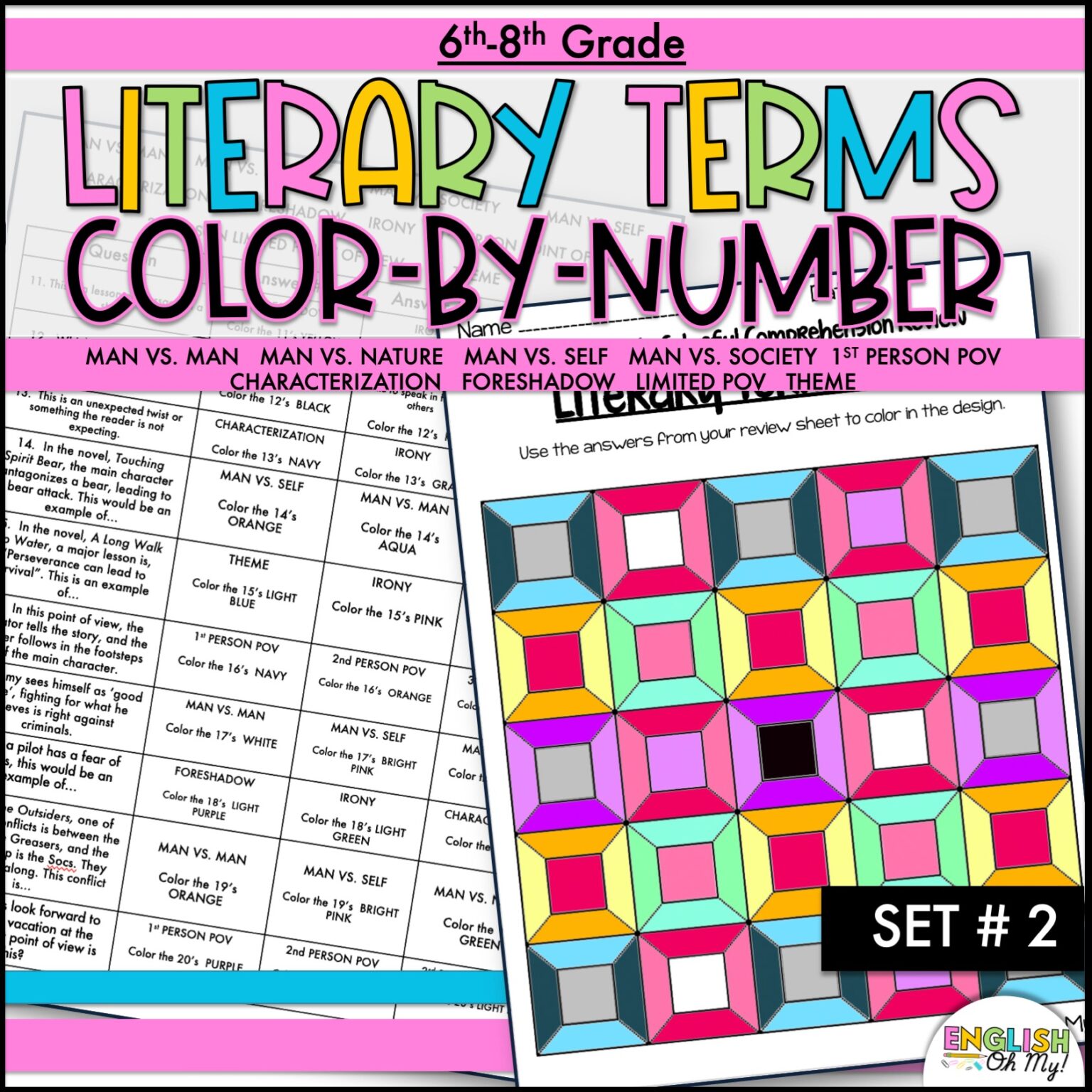 Literary Terms Review-Colorful Comprehension-Color by Number
