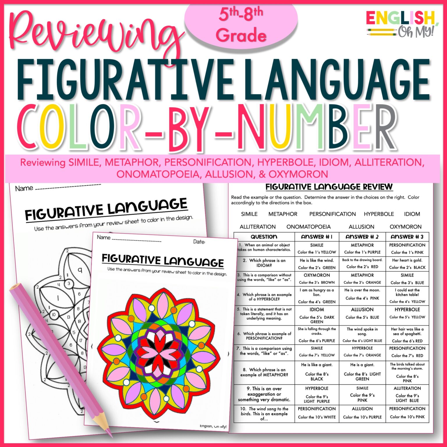 Figurative Language Review Color by Number - English, Oh My!