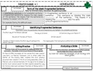 March No Prep Weekly Homework - English, Oh My!