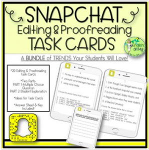 Snapchat Task Cards, Editing, Proofreading - English, Oh My!