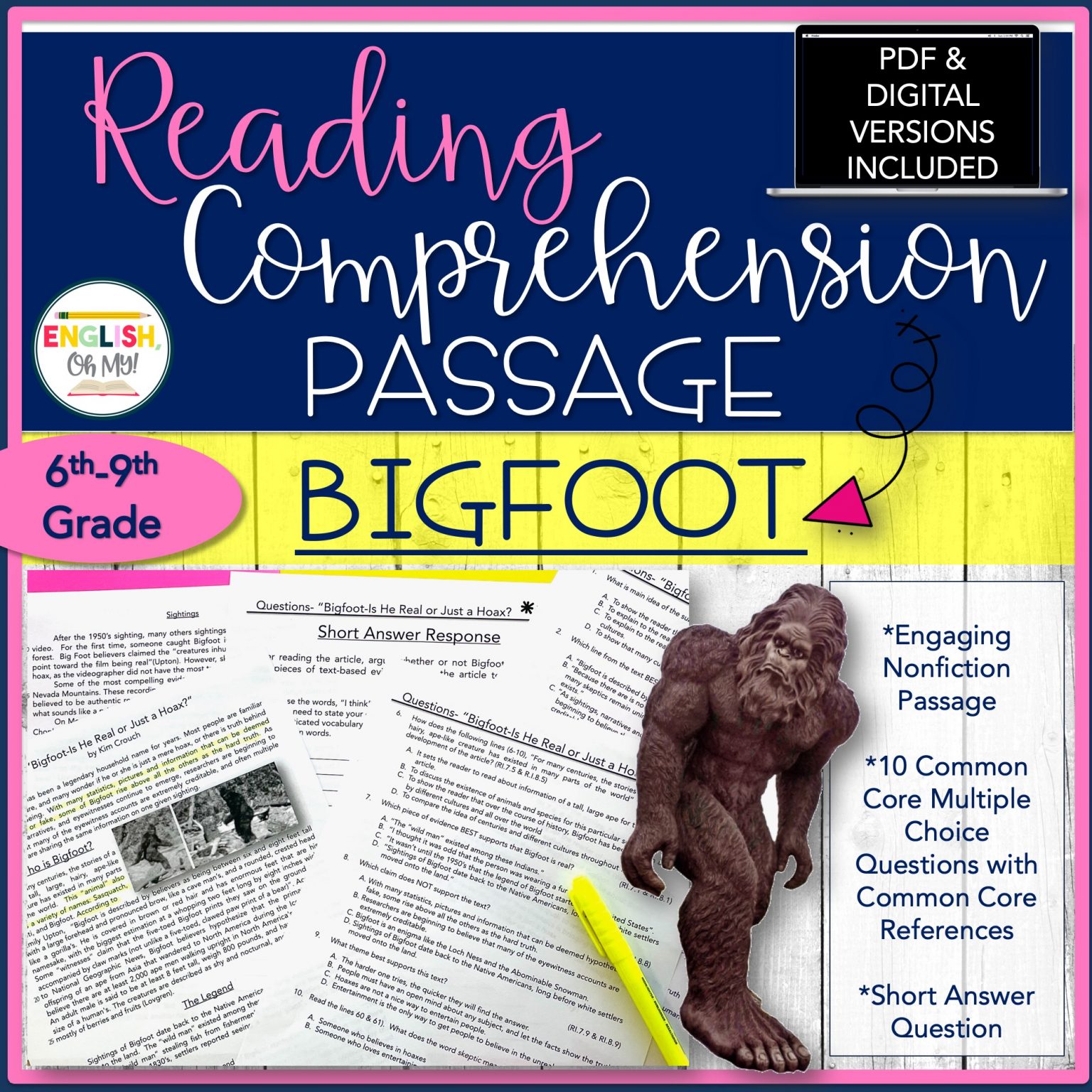 Big Foot Reading Comprehension Passage - English, Oh My!
