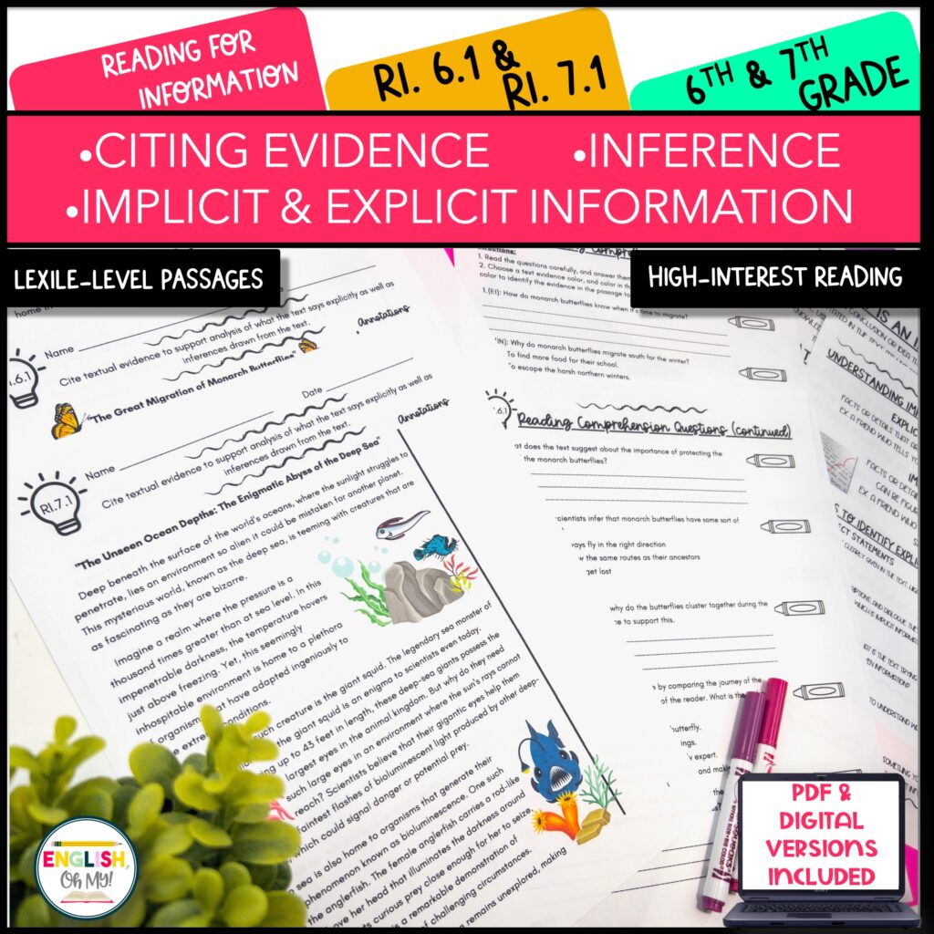 Citing Evidence & Inference RI.6.1 & 7.1 Leveled Reading Comprehension ...