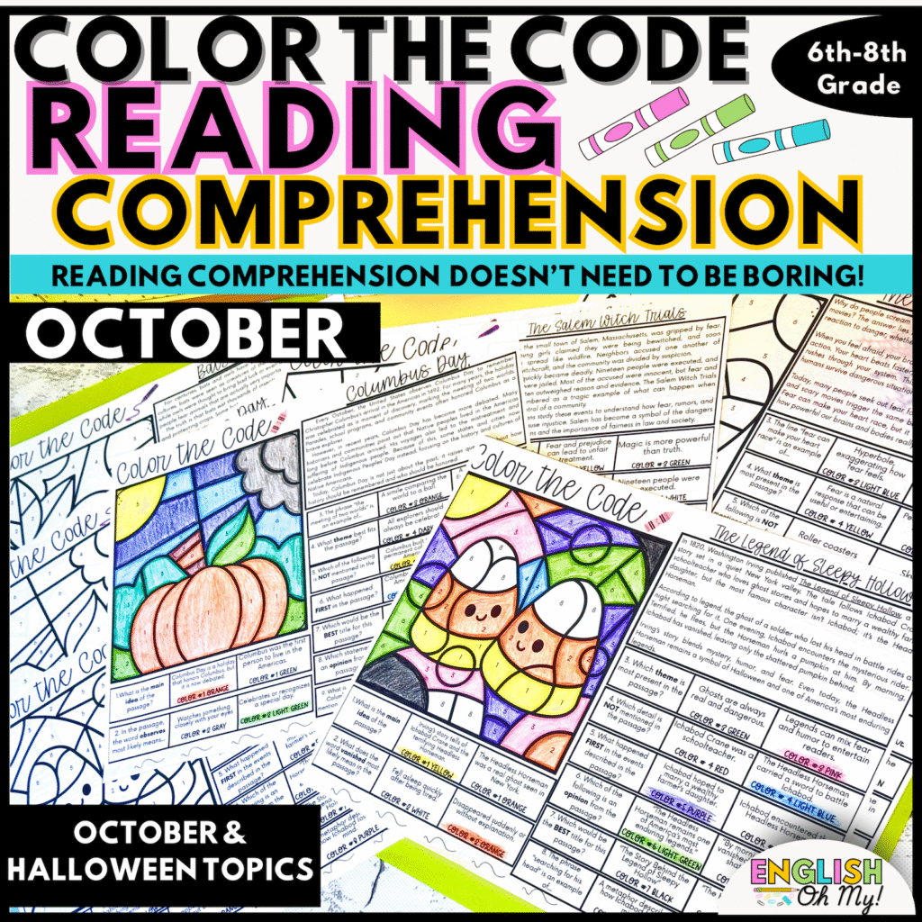 October Color the Code Reading Passages - English, Oh My!